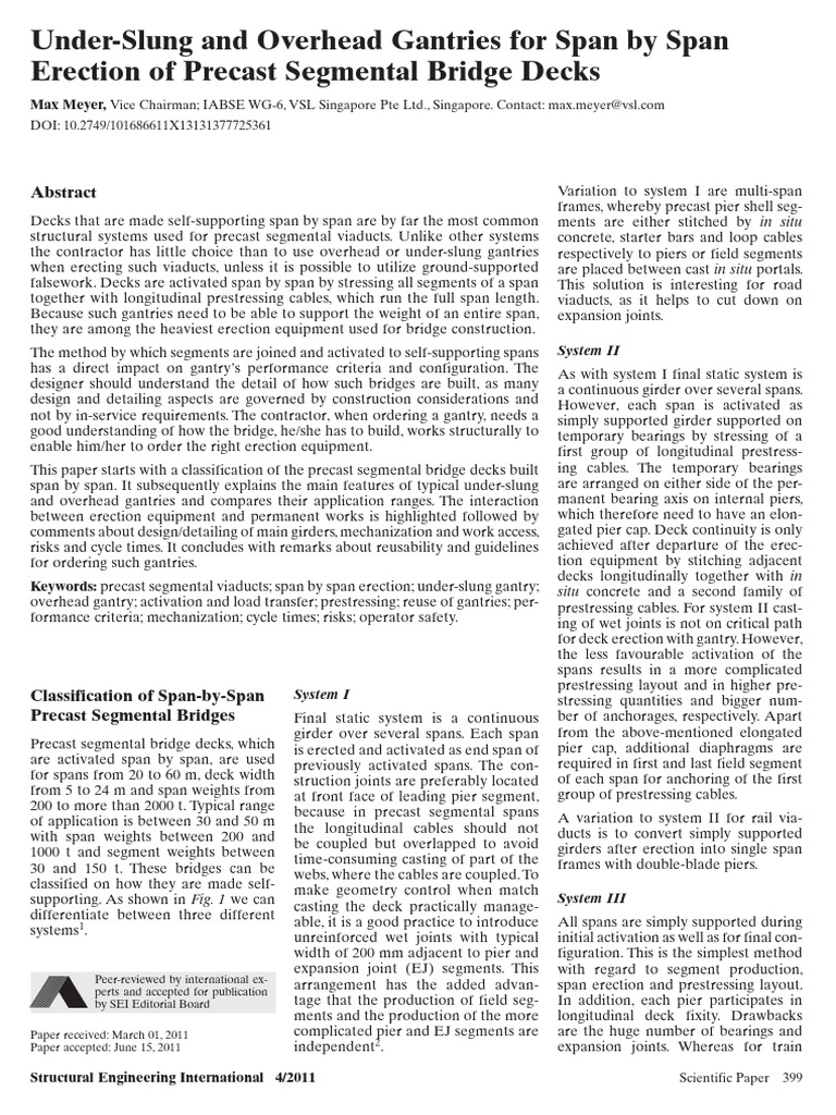 Under-slung and overhead gantries for span by span erection of precast ...