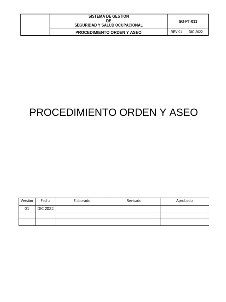 SG-PT-011 FORMATO Procedimiento Orden y Aseo | PDF | Residuos | Seguridad y salud ocupacional