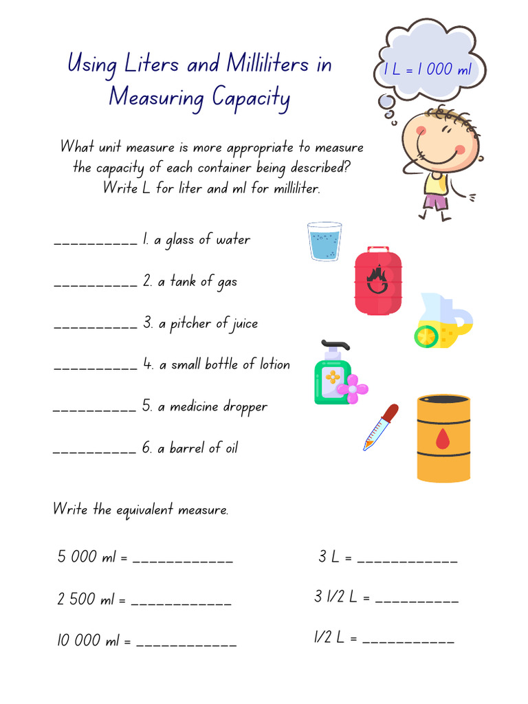 Illustrative Using Liters and Milliliters in Measuring Capacity | PDF