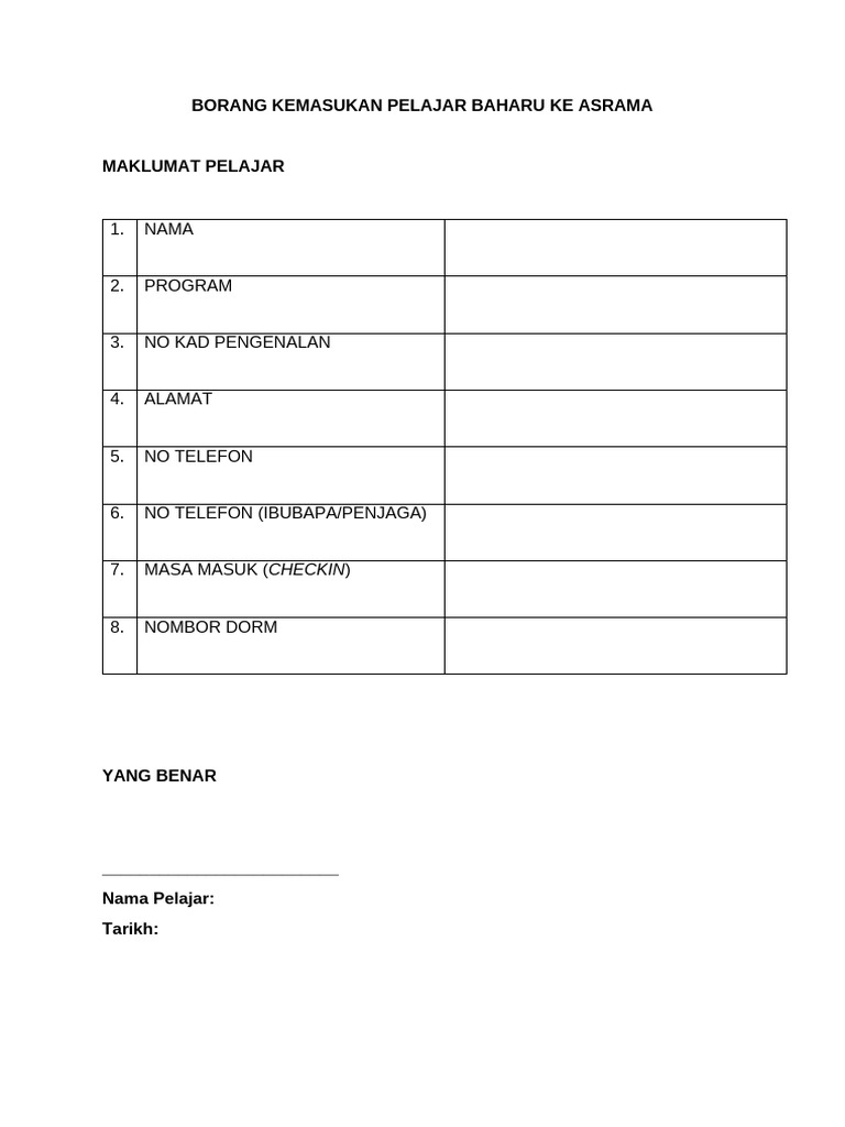 Borang Kemasukan Pelajar Baharu Ke Asrama | PDF