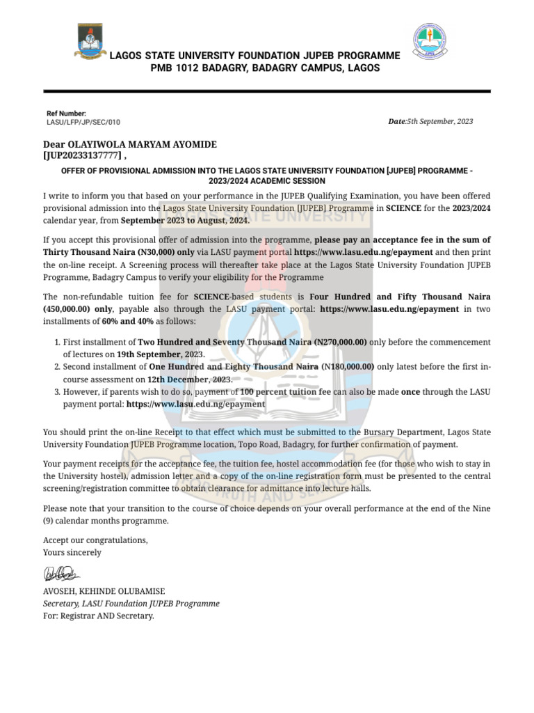 LASU JUPEB Admission Offer | PDF | Payments | Services (Economics)