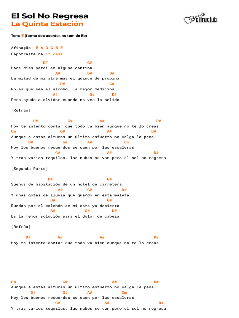 Cifra Club - La Quinta Estación - El Sol No Regresa | PDF