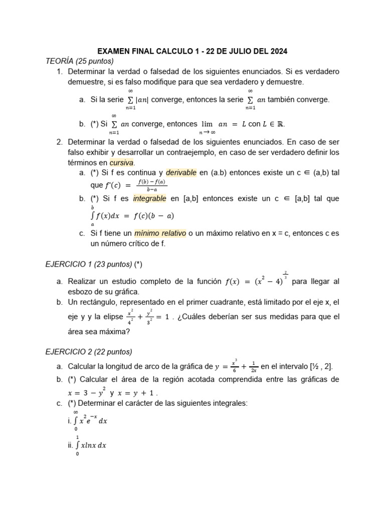 Examen Final Calculo 1 - 22 de Julio Del 2024 | PDF | Integral | Análisis real