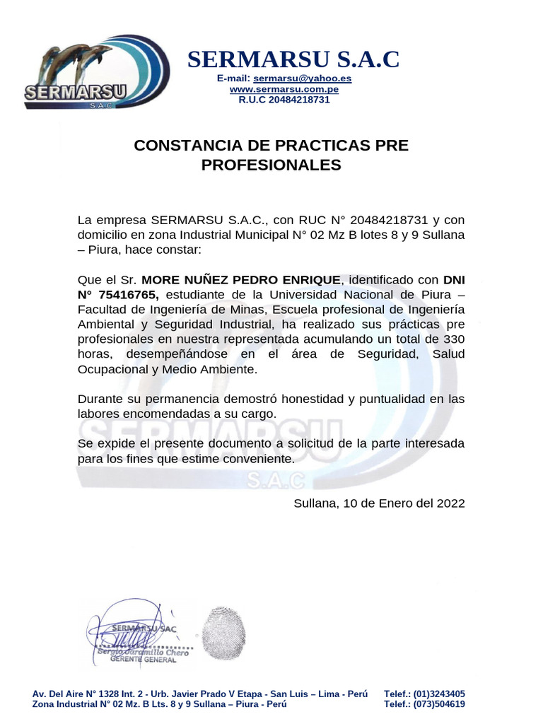 Constancia de Practicas Pre Profesionales-Pedro | PDF