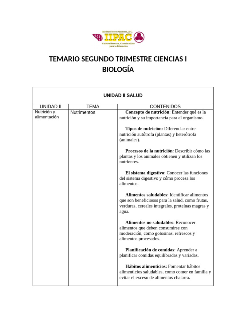 Temario Segundo Trimestre Biología | PDF | Nutrición | Dieta y nutrición