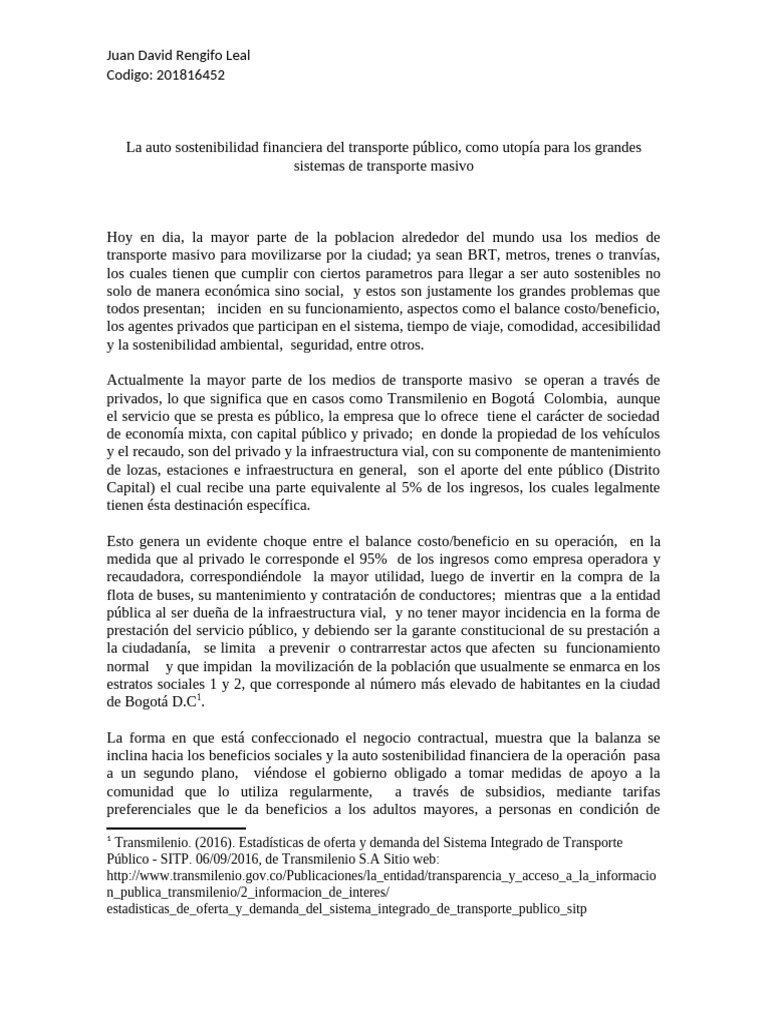 Auto Sostenibilidad del Transporte Público | PDF | Transporte ...