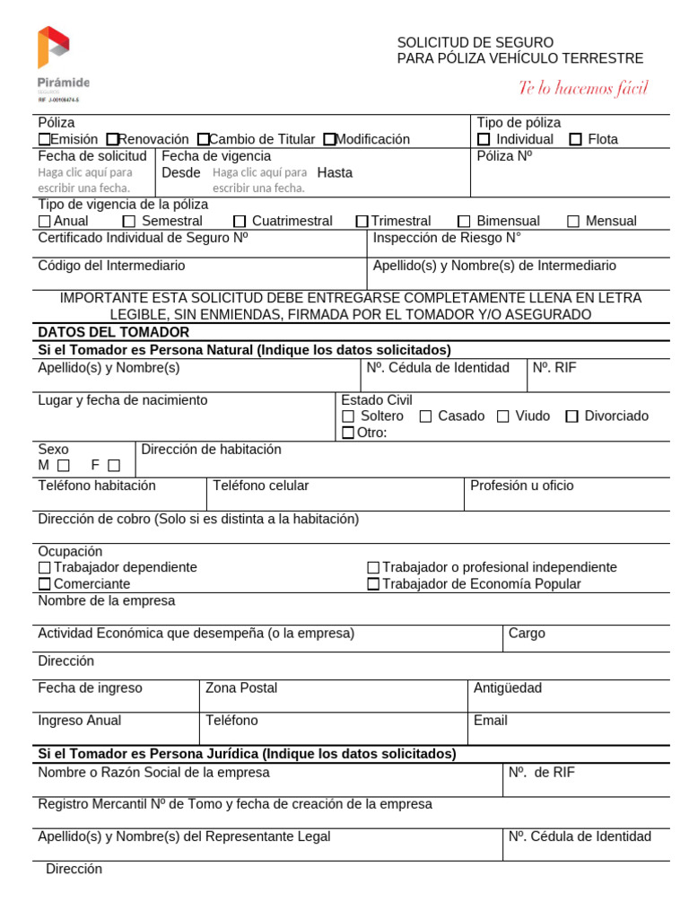 Solicitud de Seguro Vehicular | PDF | Póliza de seguros | Seguro