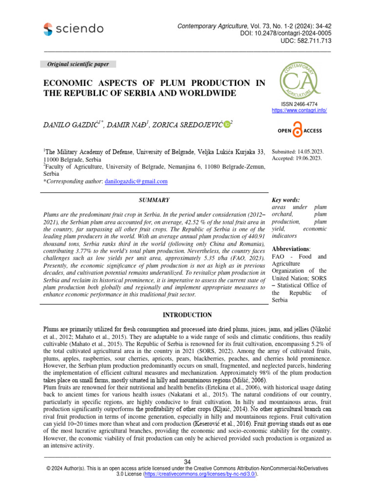 Plum Production Economics | PDF | Agriculture | Serbia