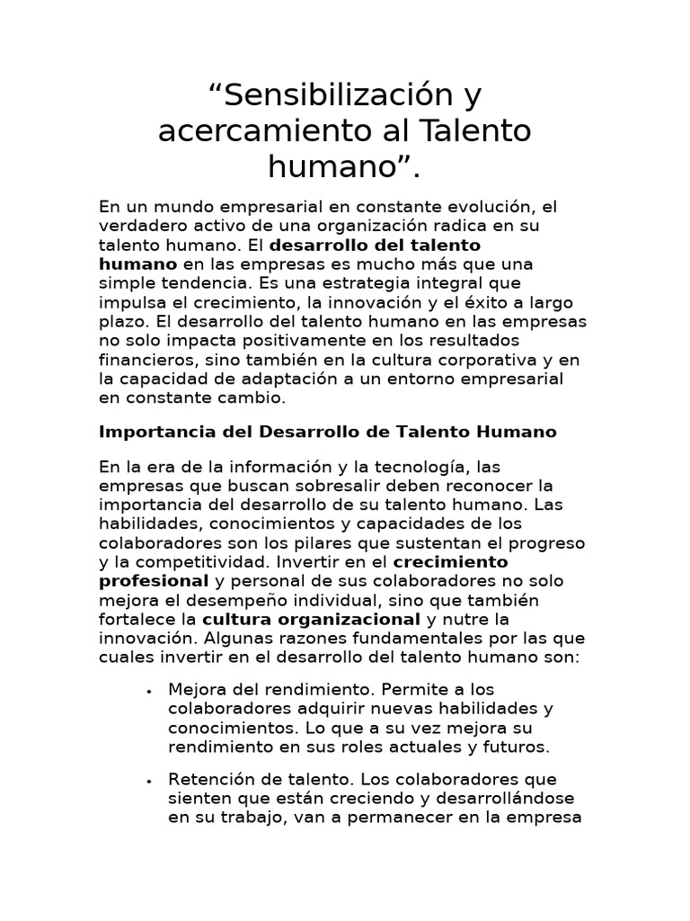 Sensibilización y Acercamiento Al Talento Humano | PDF