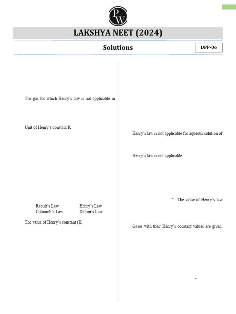 Solutions - DPP 06 (Of Lecture 10) - Lakshya NEET 2024 | PDF | Gases ...