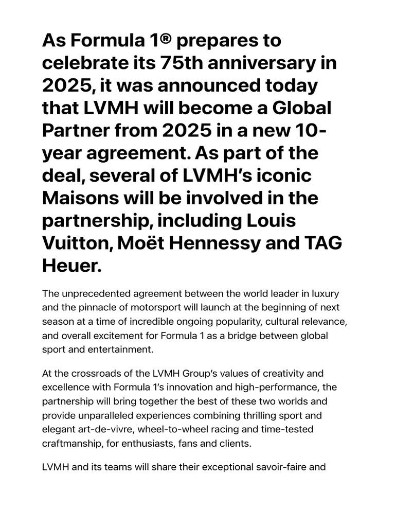Formula 1 and LVMH Announce Historic 10-Year Global Partnership - LVMH ...