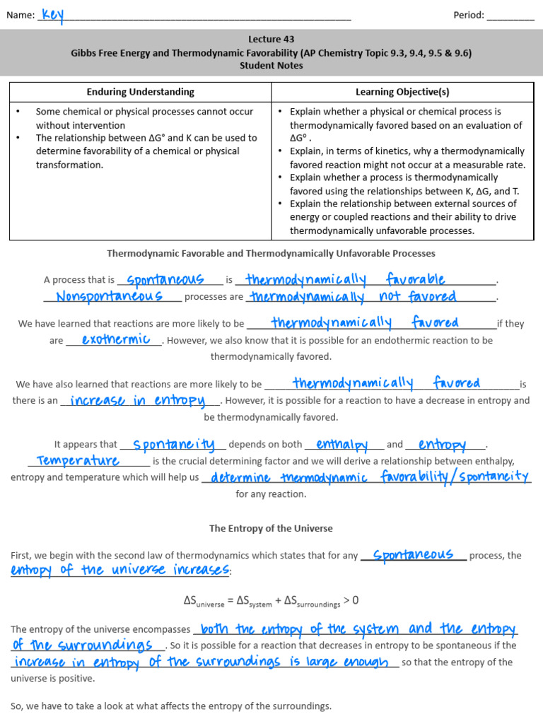 KEY Student Notes Lecture 43 Gibbs Free Energy and Thermodynamic ...