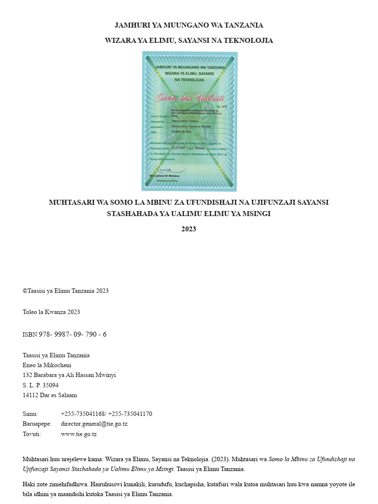 Mbinu Za Ufundishaji Na Ujifunzaji Sayansi Stashahada Ya Ualimu Elimu Ya Msingi | PDF