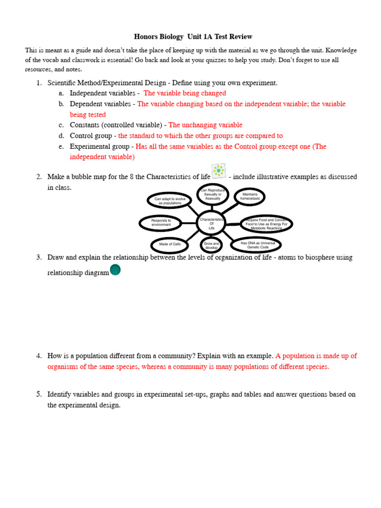 Unit 1 Part A Test Review Biology Honors | PDF | Cell (Biology) | Enzyme