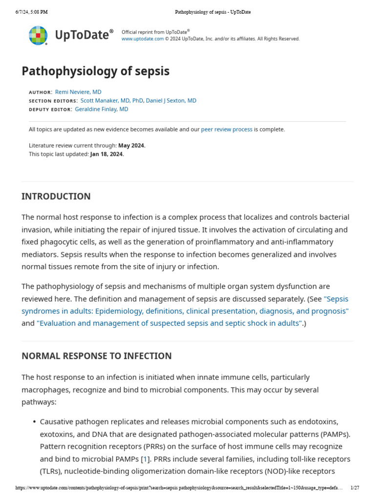Pathophysiology of Sepsis - UpToDate | PDF | Inflammation | Sepsis