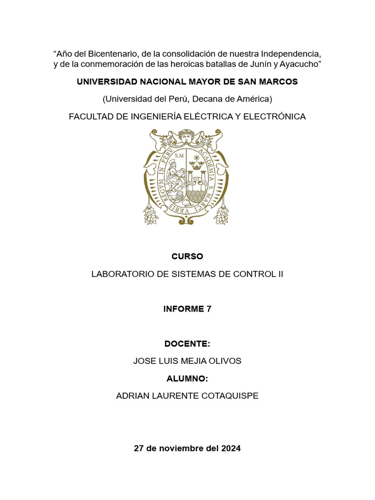 Informe 7 Lab Control 2 Laurente Adrian | PDF | Matriz (Matemáticas) | Ecuaciones