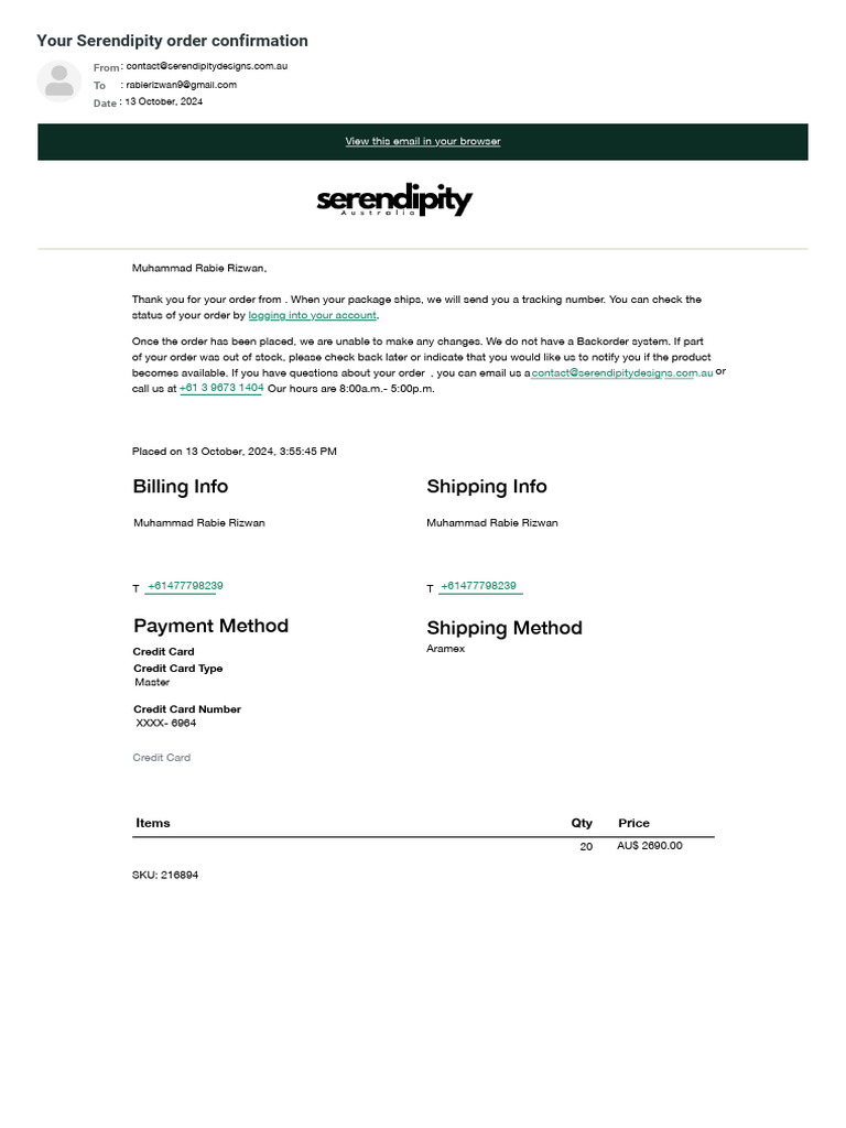 Webmail Serendipity Au Order Confirmation | PDF