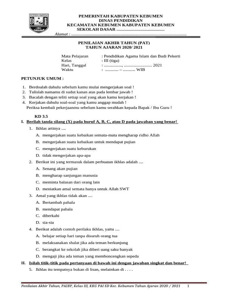 Soal Pat Pai Kelas 3 | PDF