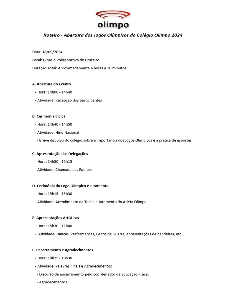 Roteiro para Abertura dos Jogos Olímpicos do Colégio Olimpo 2024 (2) | PDF