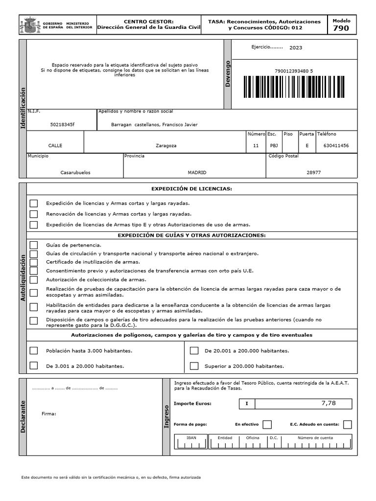 Modelo 790: Tasa de Licencias de Armas | PDF