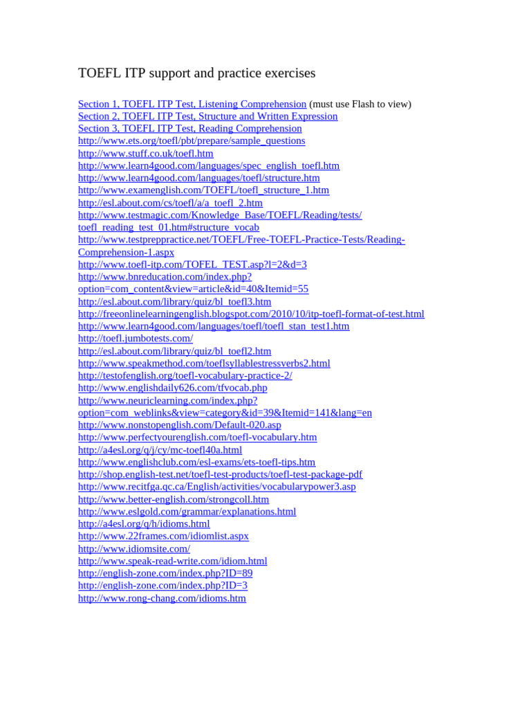 TOEFL ITP Internet links for Practice exercises(1) | PDF