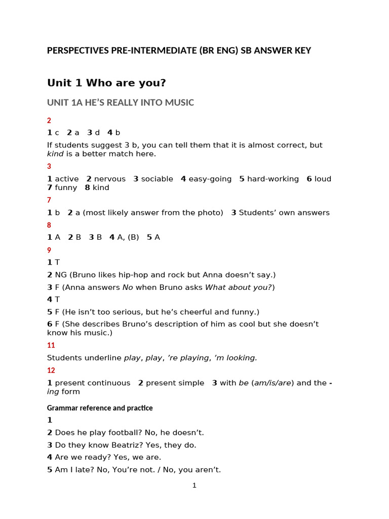 Perspectives Preint Studentbook Answerkey Unit1 | PDF