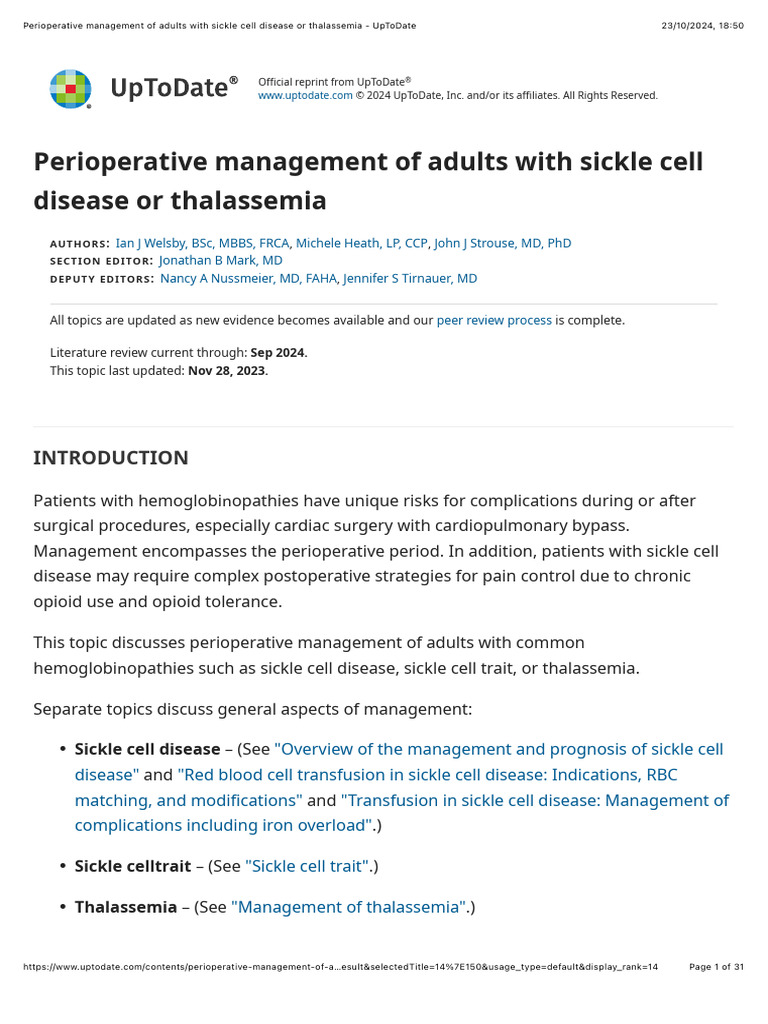 Perioperative Management of Adults With Sickle Cell Disease or ...