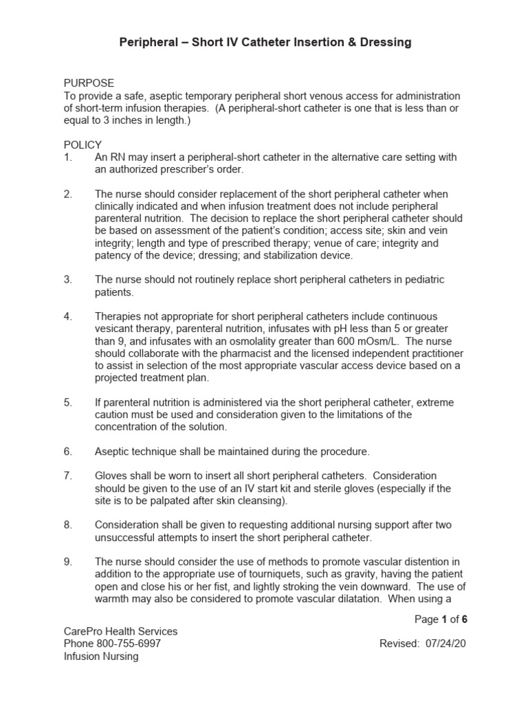 Peripheral IV Insertion & Dressing | PDF | Intravenous Therapy | Catheter