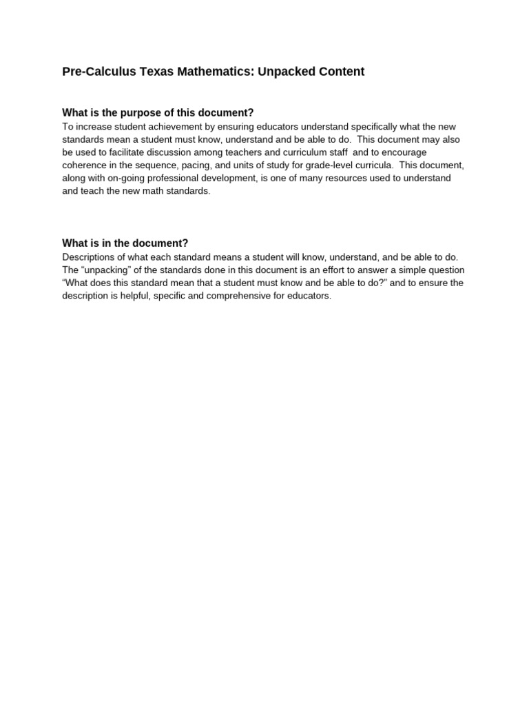Pre-Calculus Standards Unpacked Guide | PDF | Trigonometric Functions ...