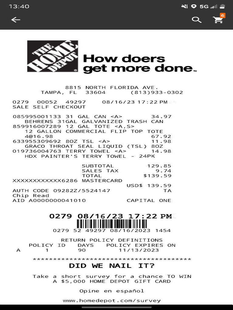 Home Depot Store 0279 Receipt Summary | PDF