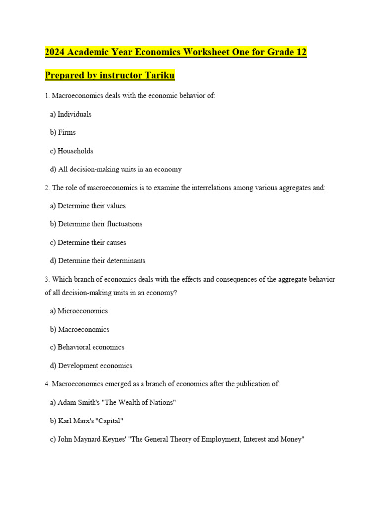 Economics Worksheet for Grade 12 | PDF | Cost Of Living | Macroeconomics