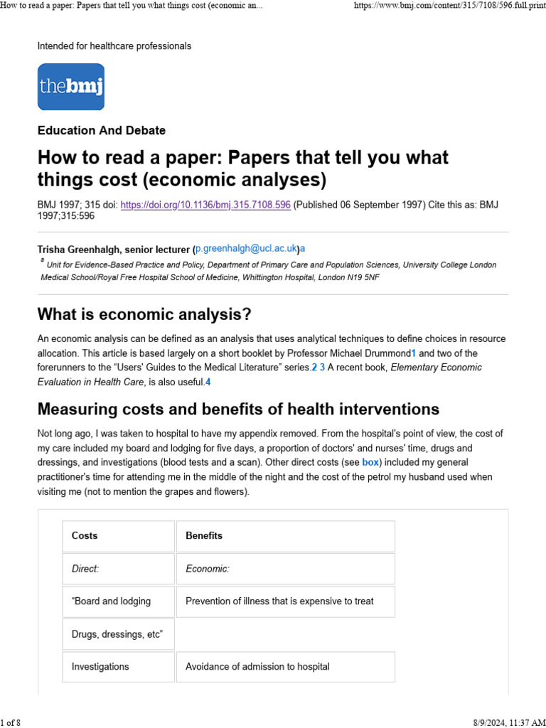 How To Read A Paper - Papers That Tell You What Things Cost (Economic ...