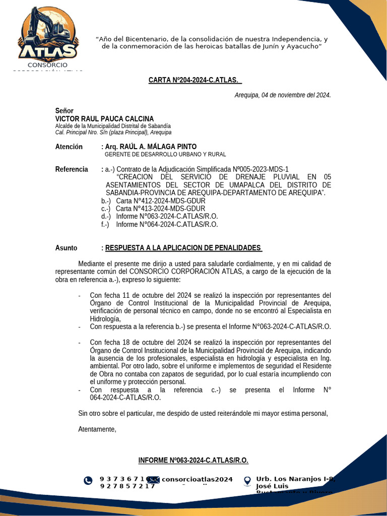 Carta N°204 + Informe 064 Informe 063 Penalidad | PDF