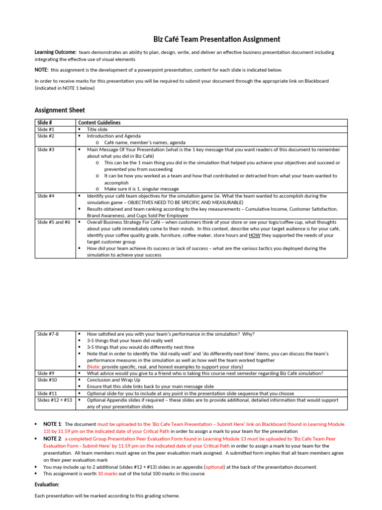 Biz Café Team Presentation Assignment Sheet + Rubric | PDF | Human ...
