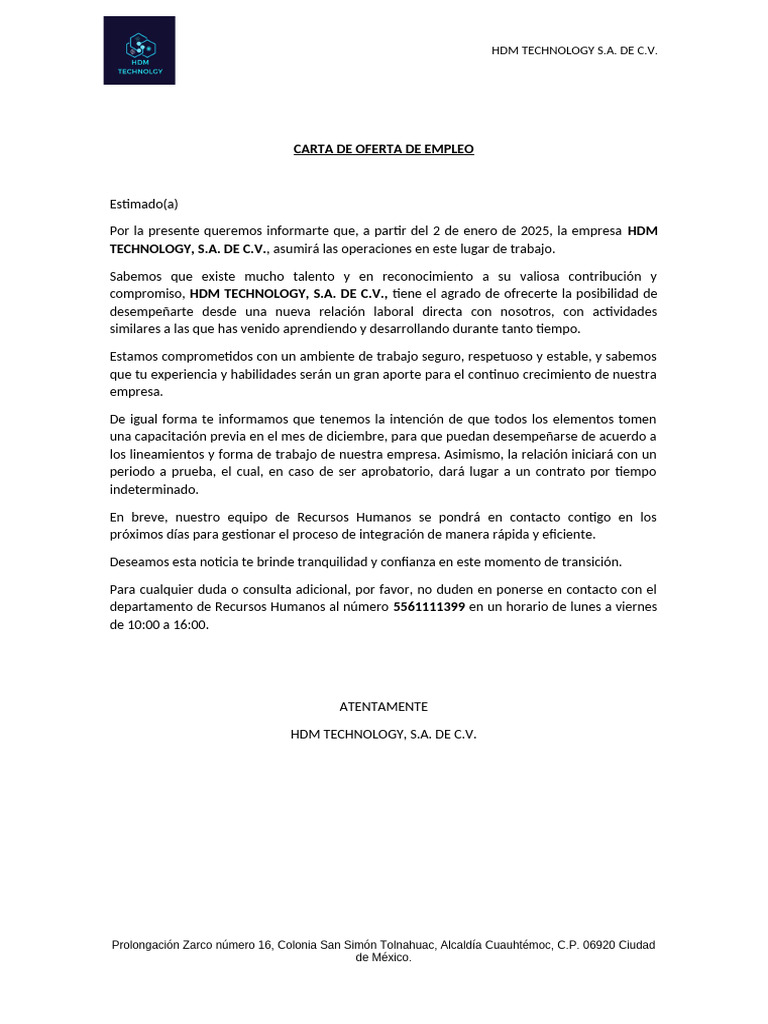 Carta Oferta Laboral 2 | PDF