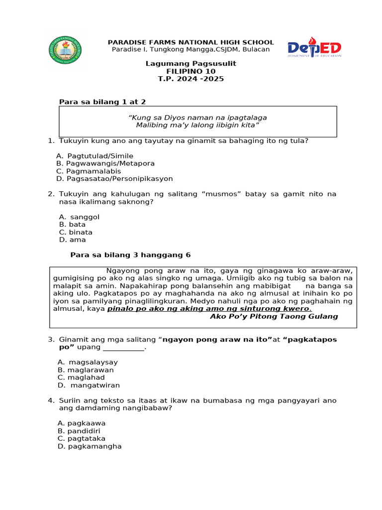 Summative Assessment in Filipino 10 | PDF
