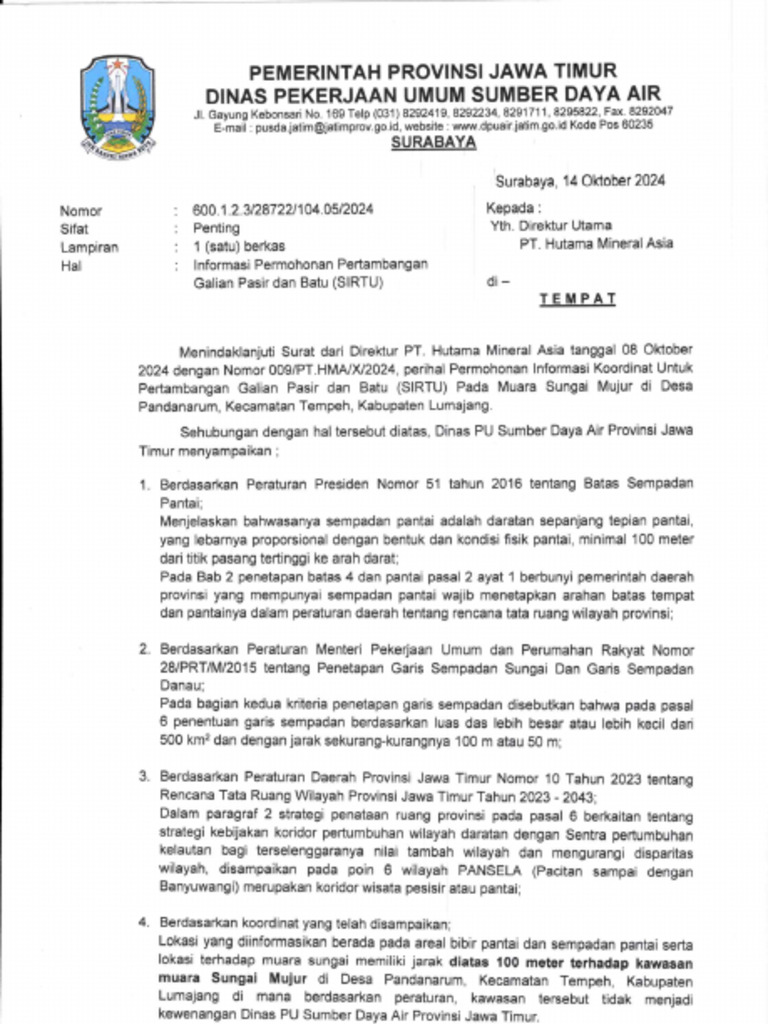 Surat Balasan Hutama Tambang Lumajang | PDF