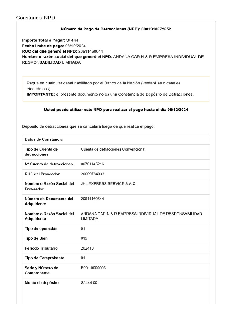 Npd-Detracciones Factura 61 de JHL Express | PDF