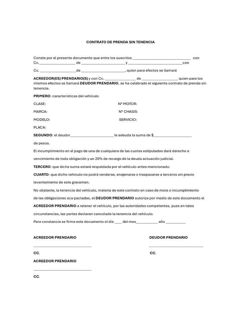 Contrato de Prenda Sin Tenencia | PDF