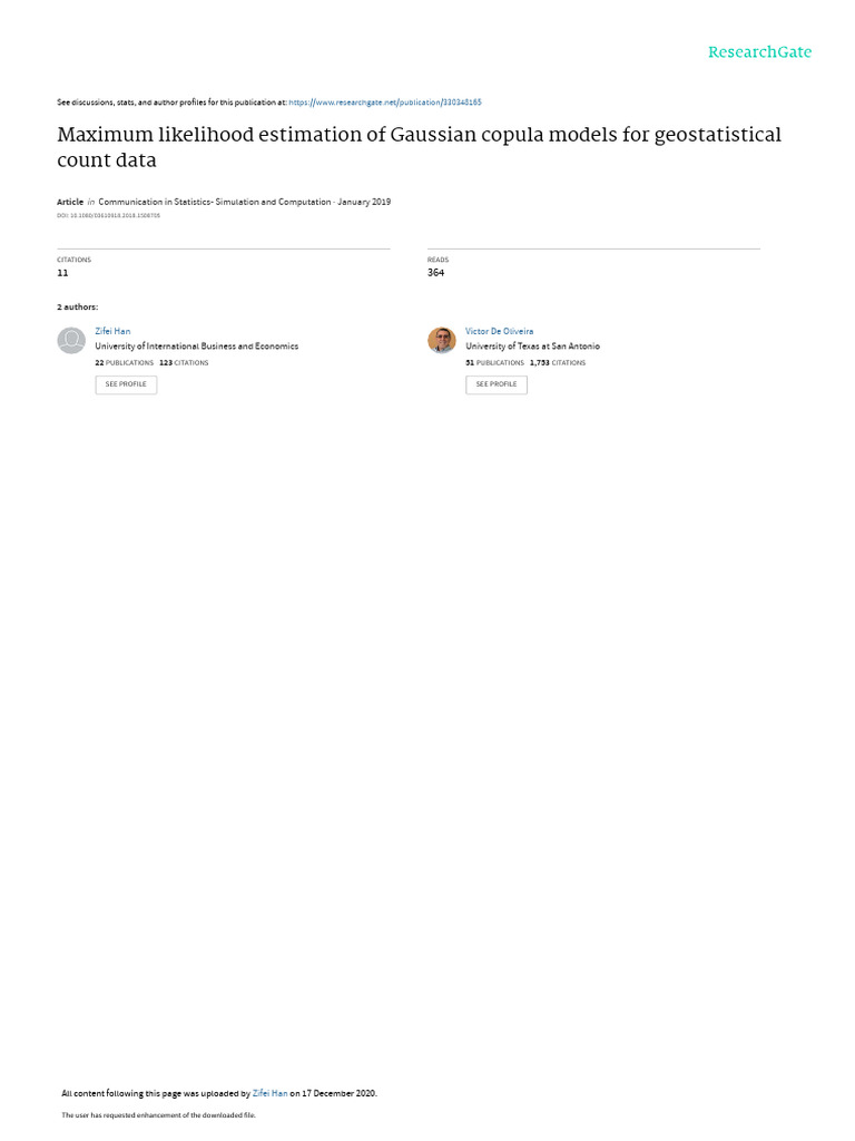 Maximum Likelihood Estimation of Gaussian Copula Models For Geostatistical Count Data | PDF ...