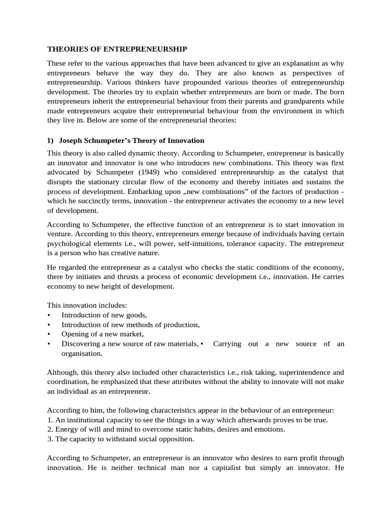 Notes Week 2 Theories of Entrepreneurship | PDF | Entrepreneurship | Risk