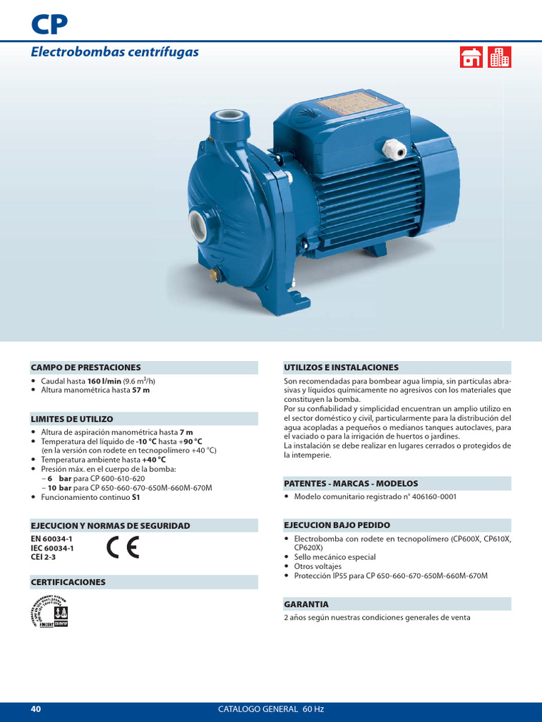 Pedrollo CPM620 | PDF | Bomba | Metrología