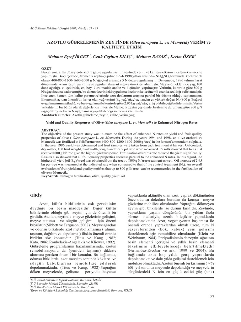 Azotlu g Brelemen n Zeyt Nde (Olea Europaea l. Cv. Memecik) Ver m Ve ...