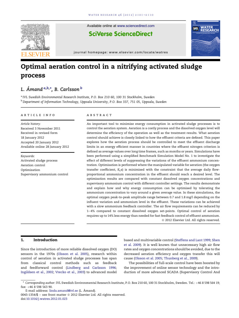 Optimal aeration control in a nitrifying activated sludge process | PDF | Mathematical ...