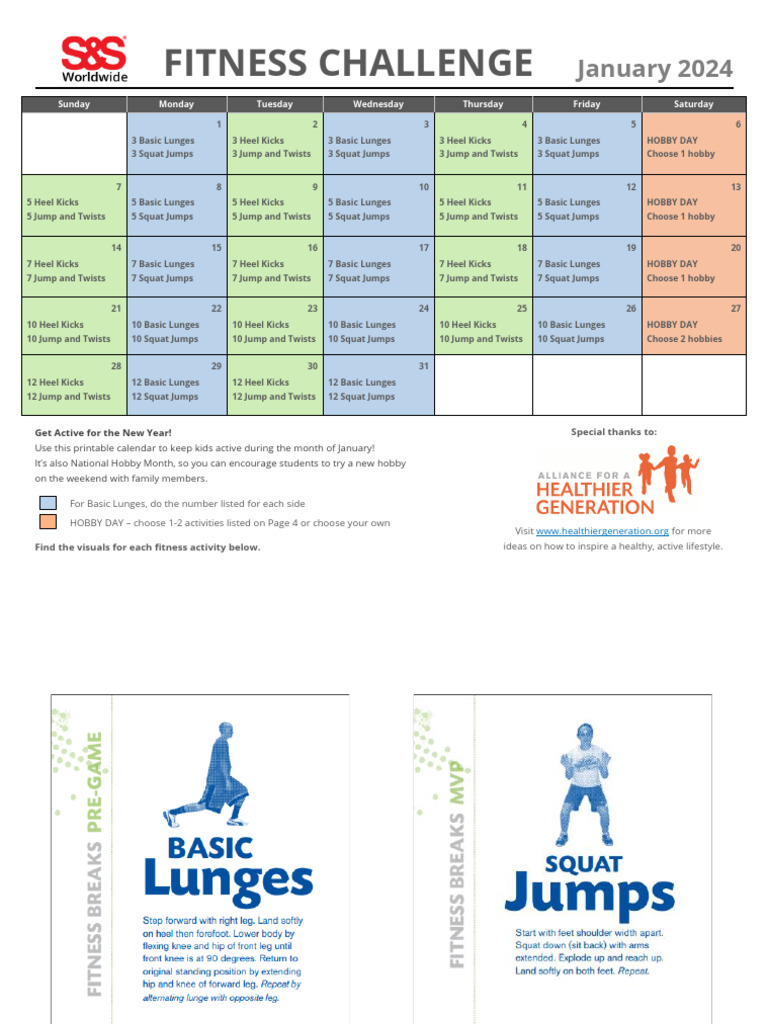 January Printable Fitness Challenge Calendar 2024 | PDF | Sports