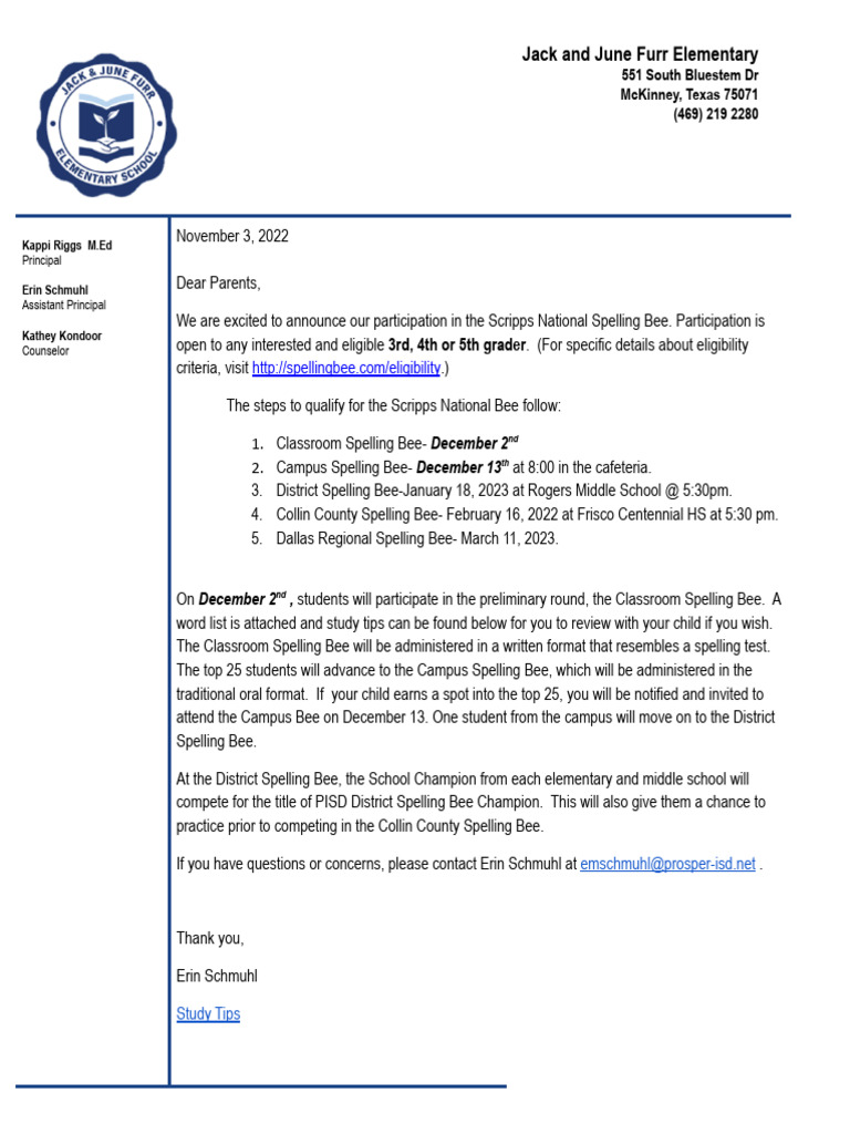 Furr Spelling Bee Parent Letter 2022-2023 | PDF | Spelling