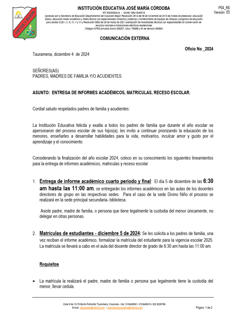 p04 - r6 Comunicación Externa Padres de Familia Entrega de Informes, Matrculas, Receso Escolar ...