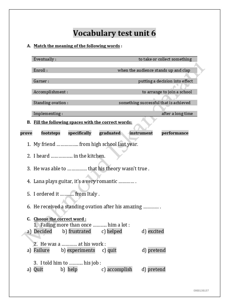 Vocabulary Test Unit 6 M | PDF