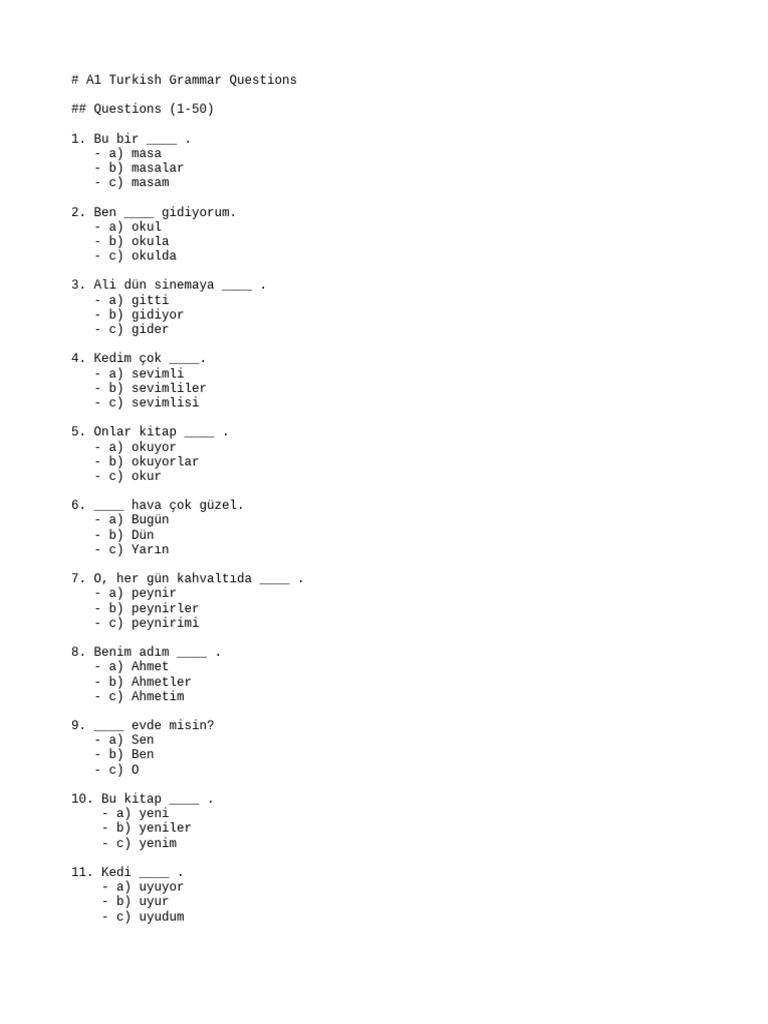 A1 Turkish Grammar Questions and Texts | PDF