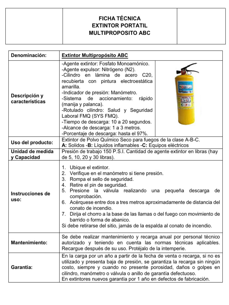 Ficha Tecnica Extintor Multiproposito | PDF | Materiales